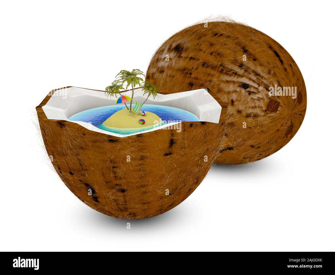 tropical island in one of coconuts on a white background. 3d render ...