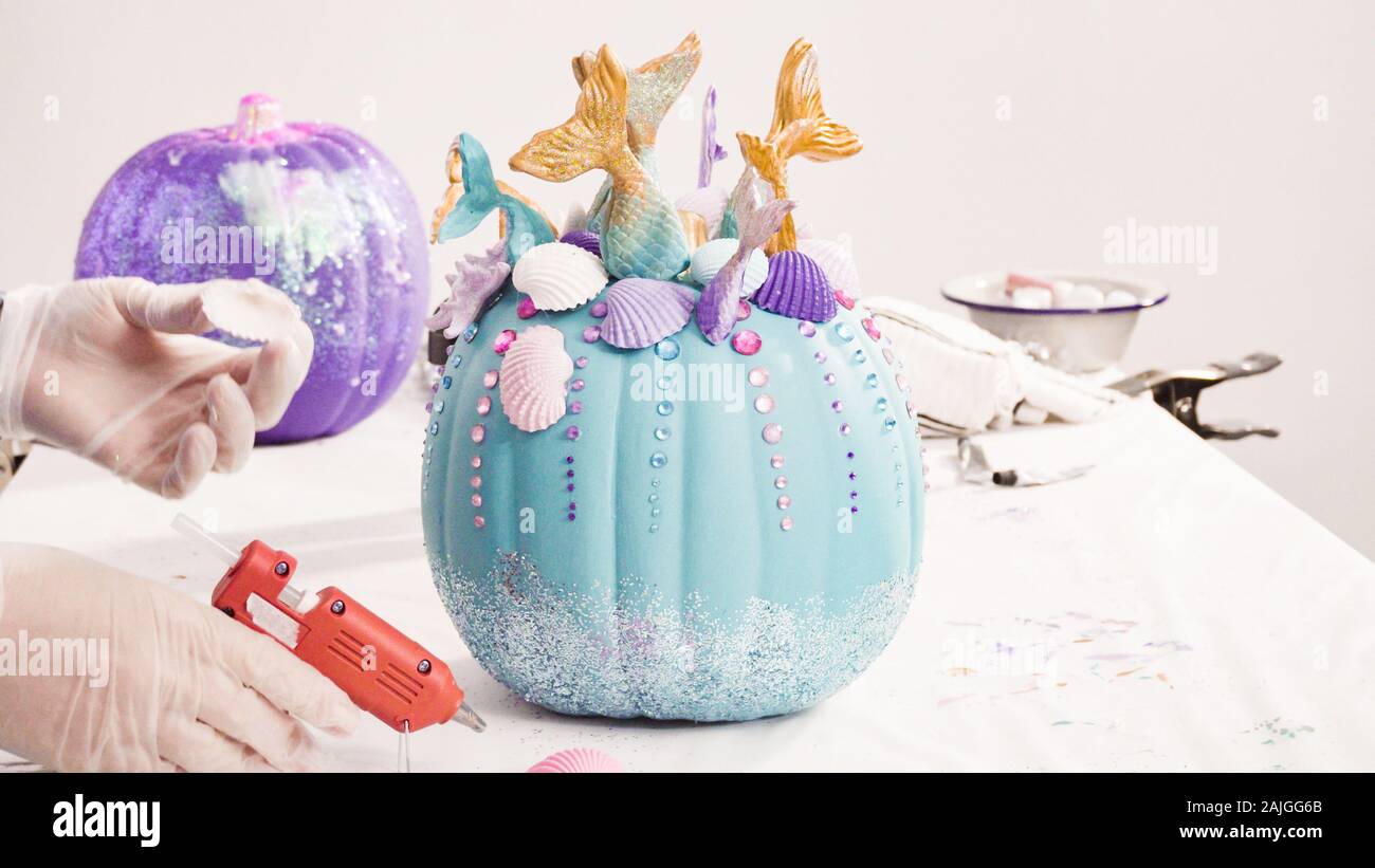 Step by step. Decorating art pumpkins with rhynestones, mermaid tails ...