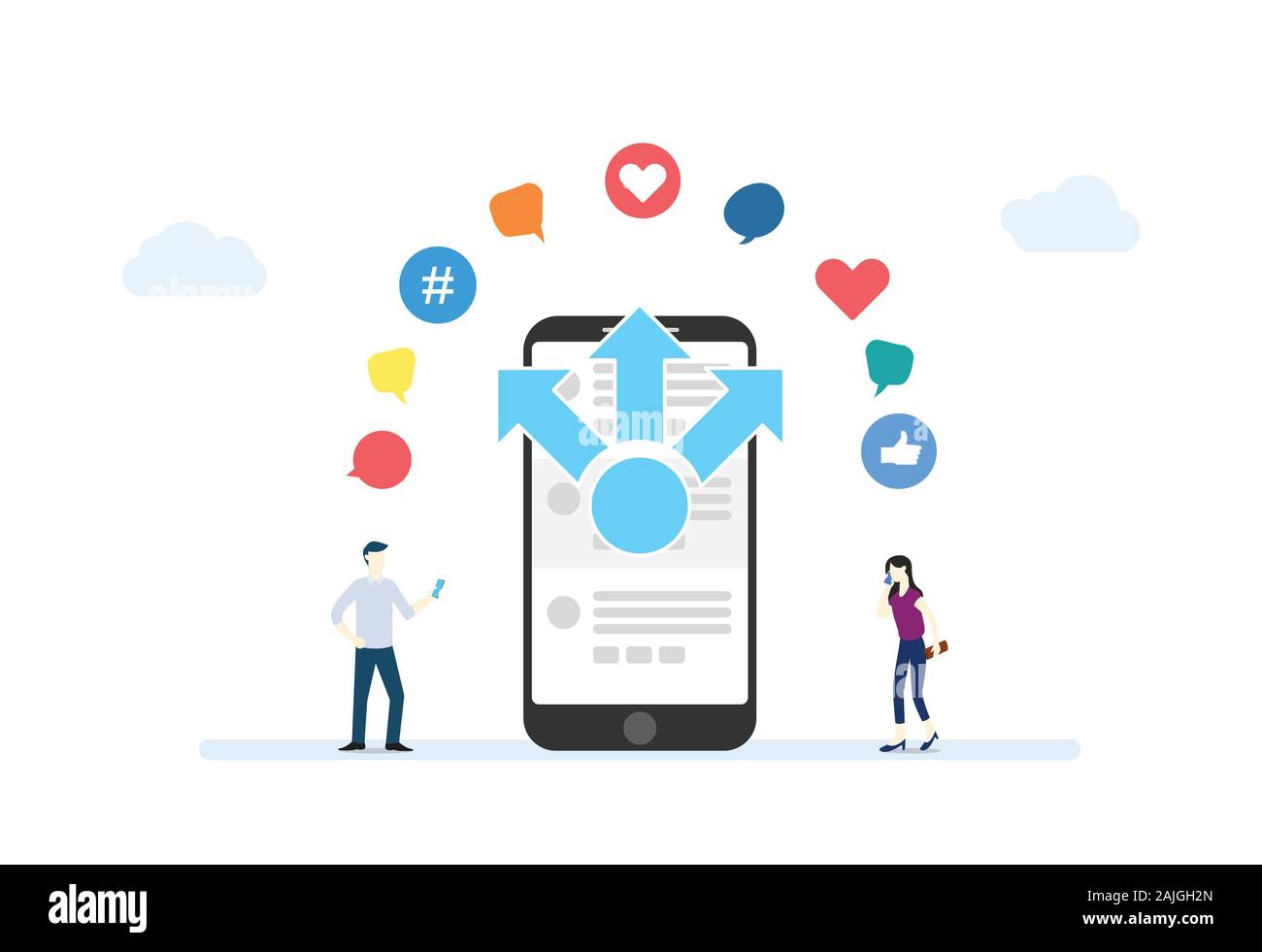 mobile content sharing concept with smartphone and social media apps ...