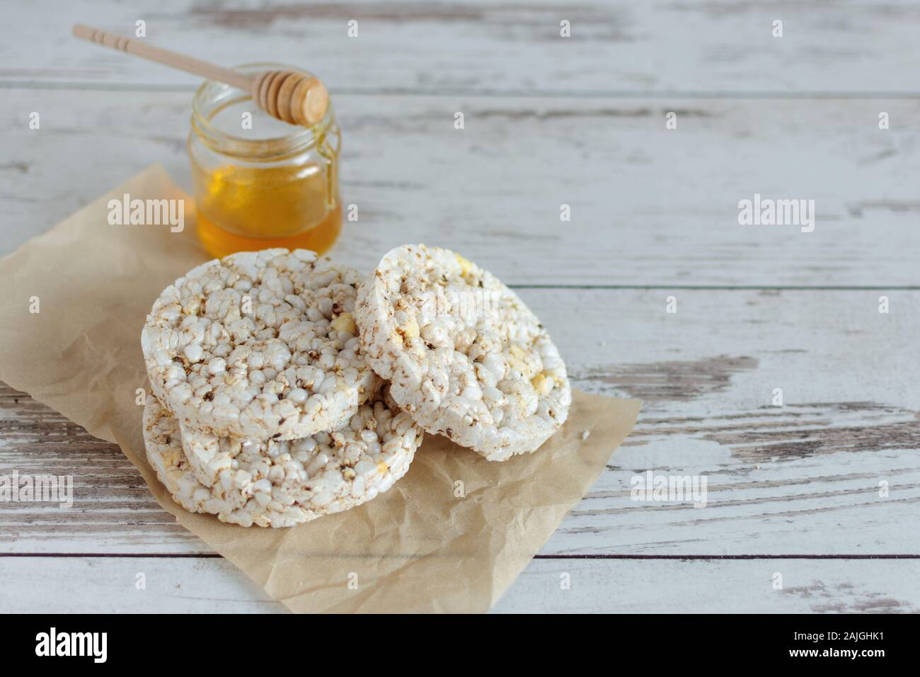 Healthy puffed rice waffles with honey for diet. Rice cakes as a ...