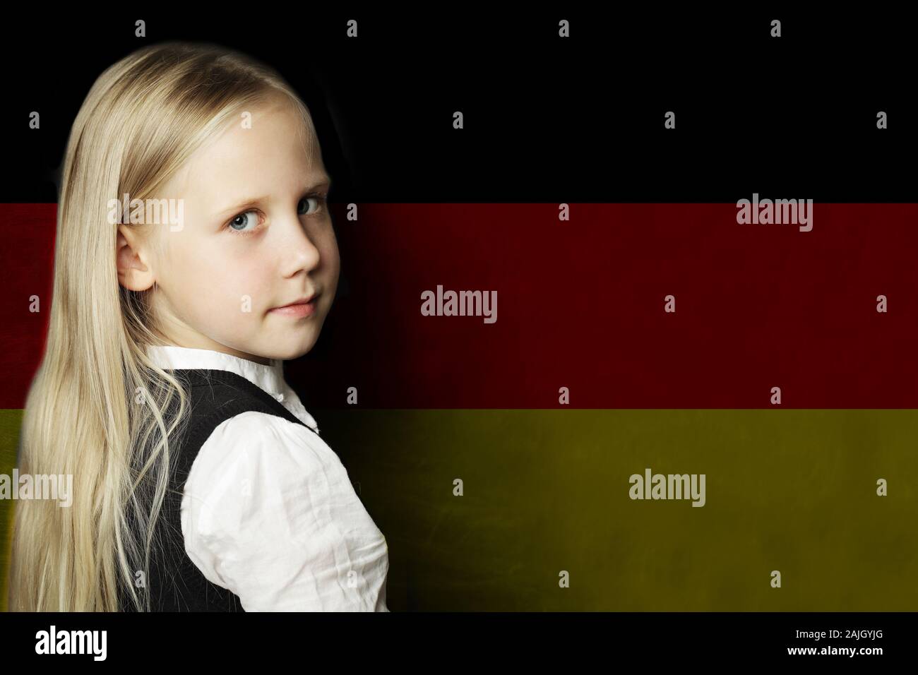 Thinking child girl student against the Germany flag background ...
