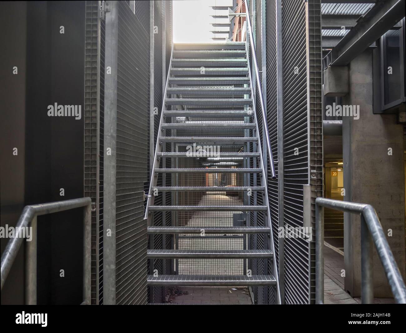 Close up view on metallic stairs at a modern architecture building ...