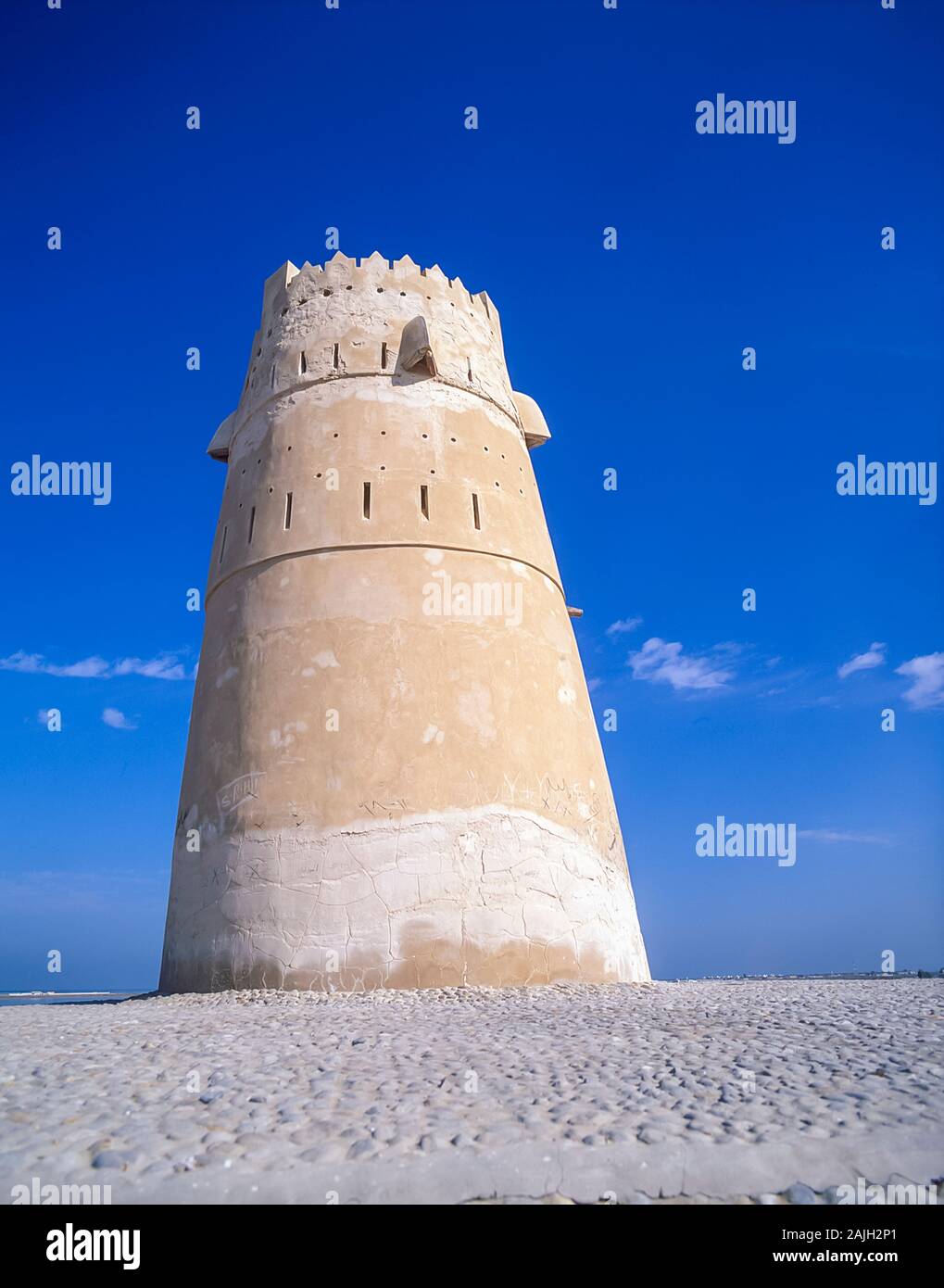 Ras Al Khaimah. The old dilapidated lookout tower on the beach near the ...