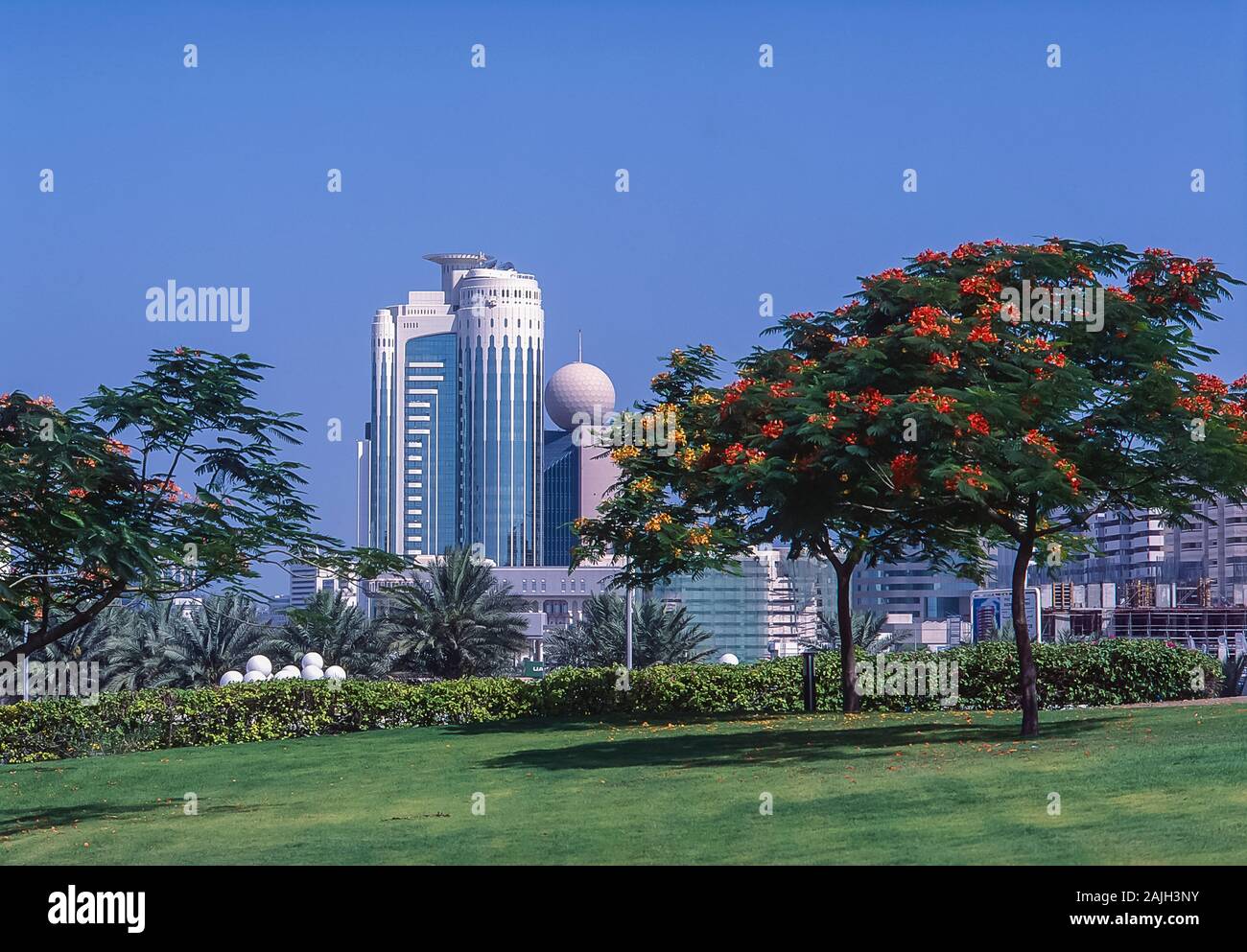 Dubai. Colourful flowering flame trees line the Dubai Creek waterway ...