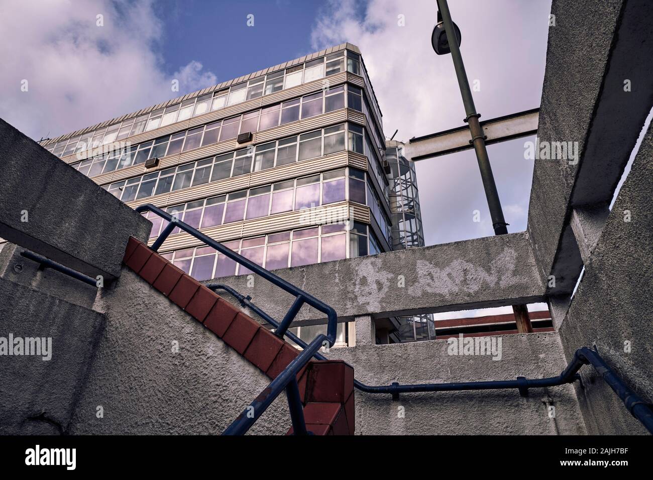 Looking up a staircase towards the Brutalist buildings in Anglia Square ...