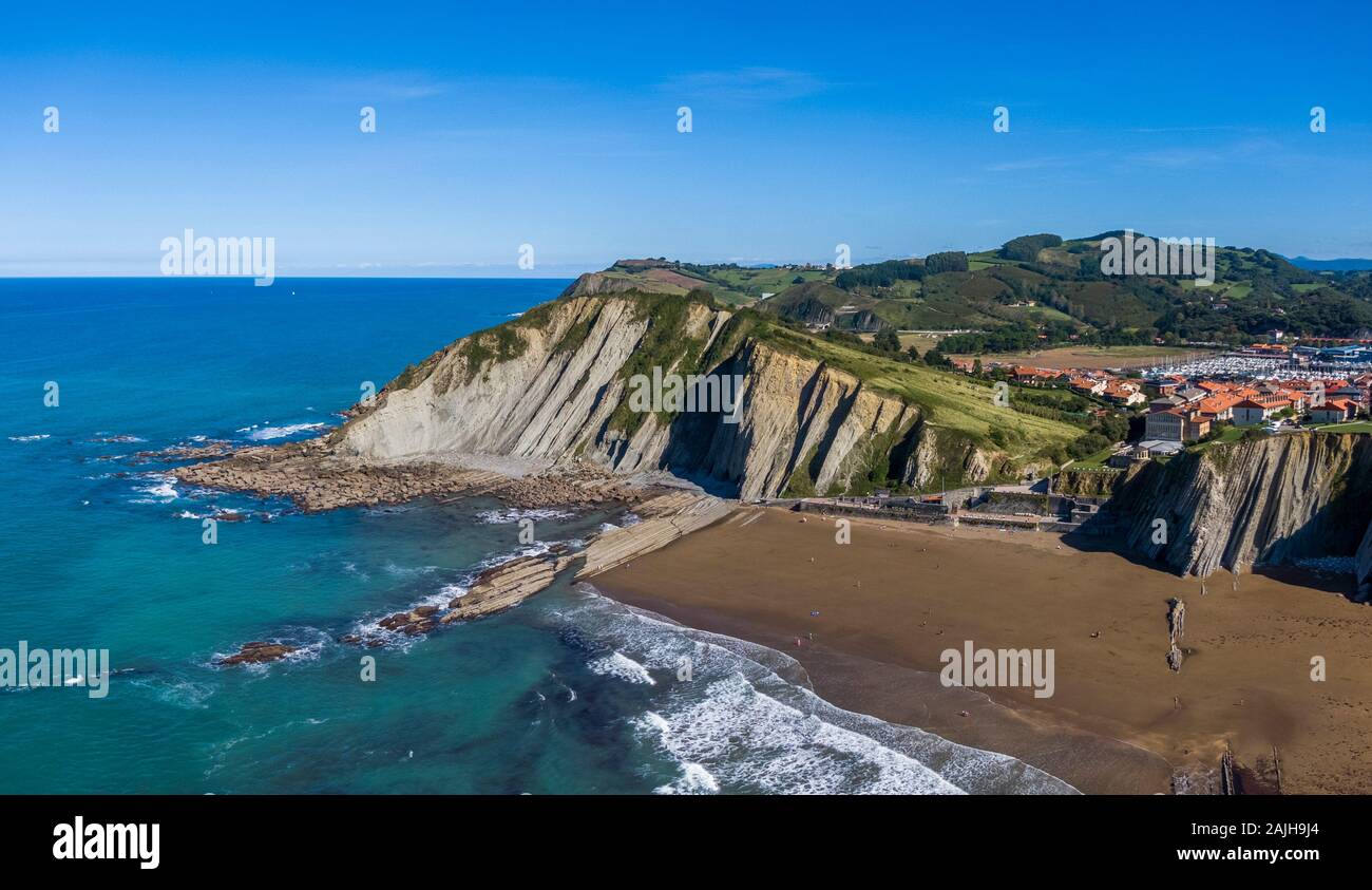 Aerial view of rock formations at Zumaia or Itzurun beach in Spain ...