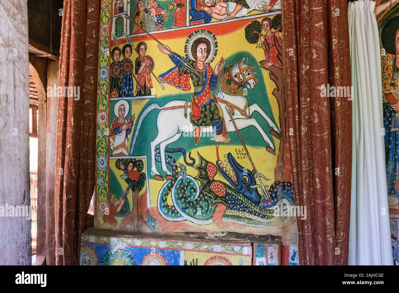 Mural of St George slaying the dragon on the wall of an Ethiopian ...
