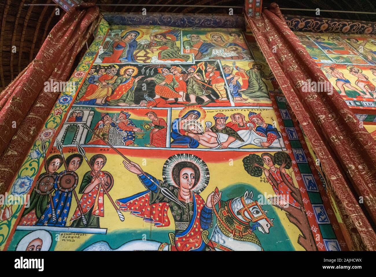 Religious murals decorating the wall of an Ethiopian Orthodox monastery ...