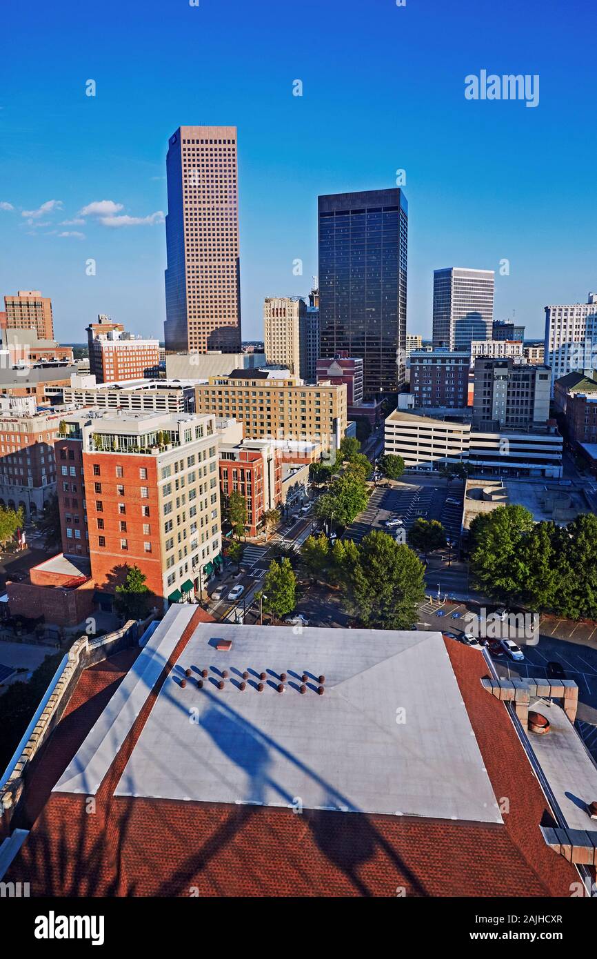 Portrait aerial view of Midtown Atlanta with shadow of Ferris Wheel ...