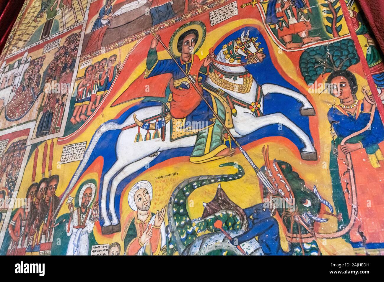 Mural of St George slaying the dragon on the wall of an Ethiopian ...