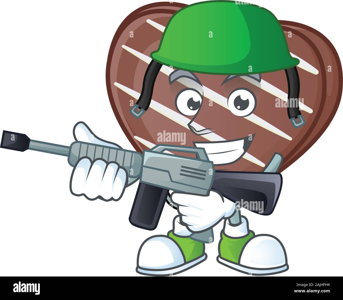 Stripes chocolate bar carton character in an Army uniform with machine ...