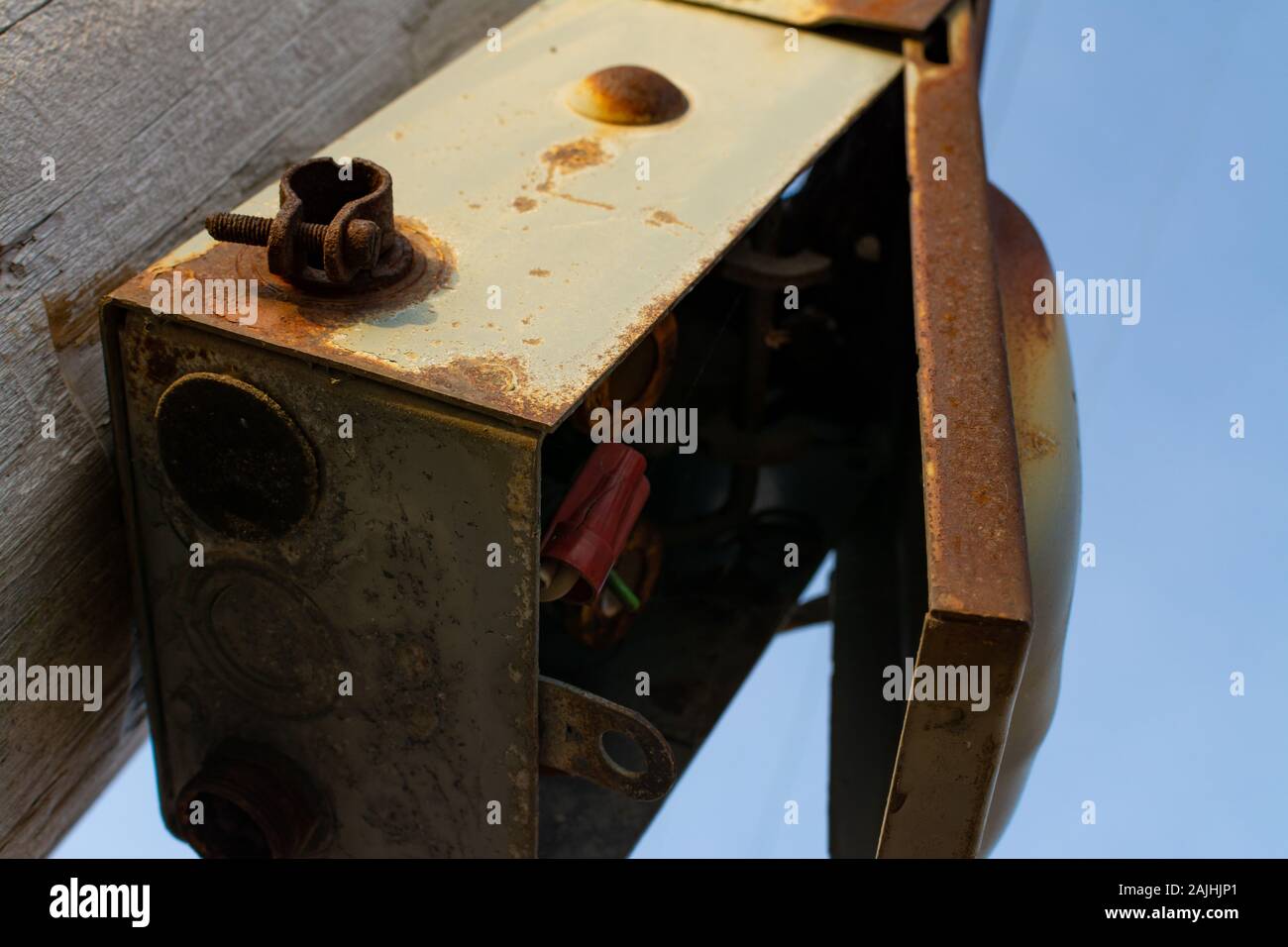 Rusted vintage electrical switch on an abandoned industrial building ...