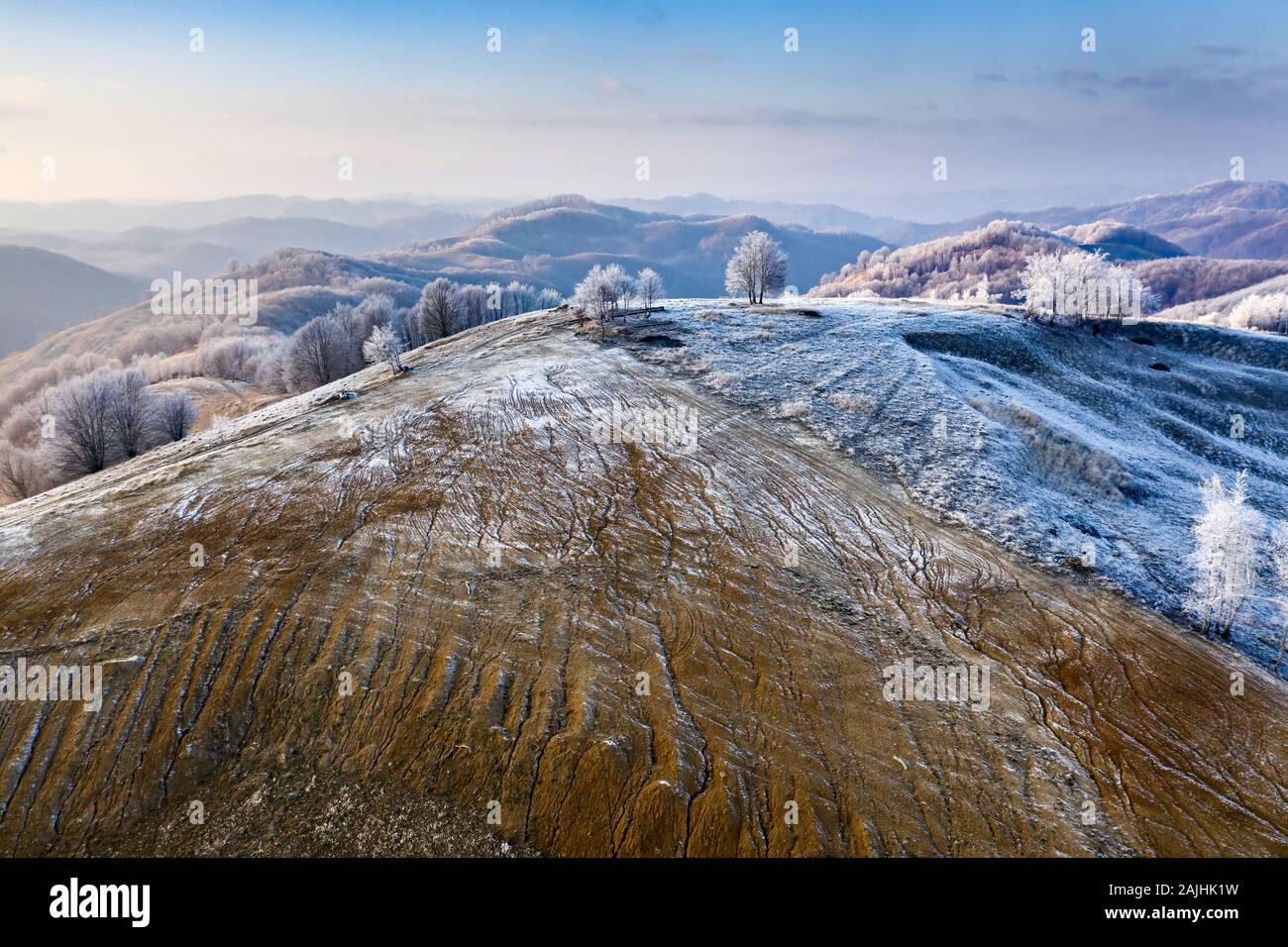 Aerial view of idyllic winter landscape with frozen trees in ...