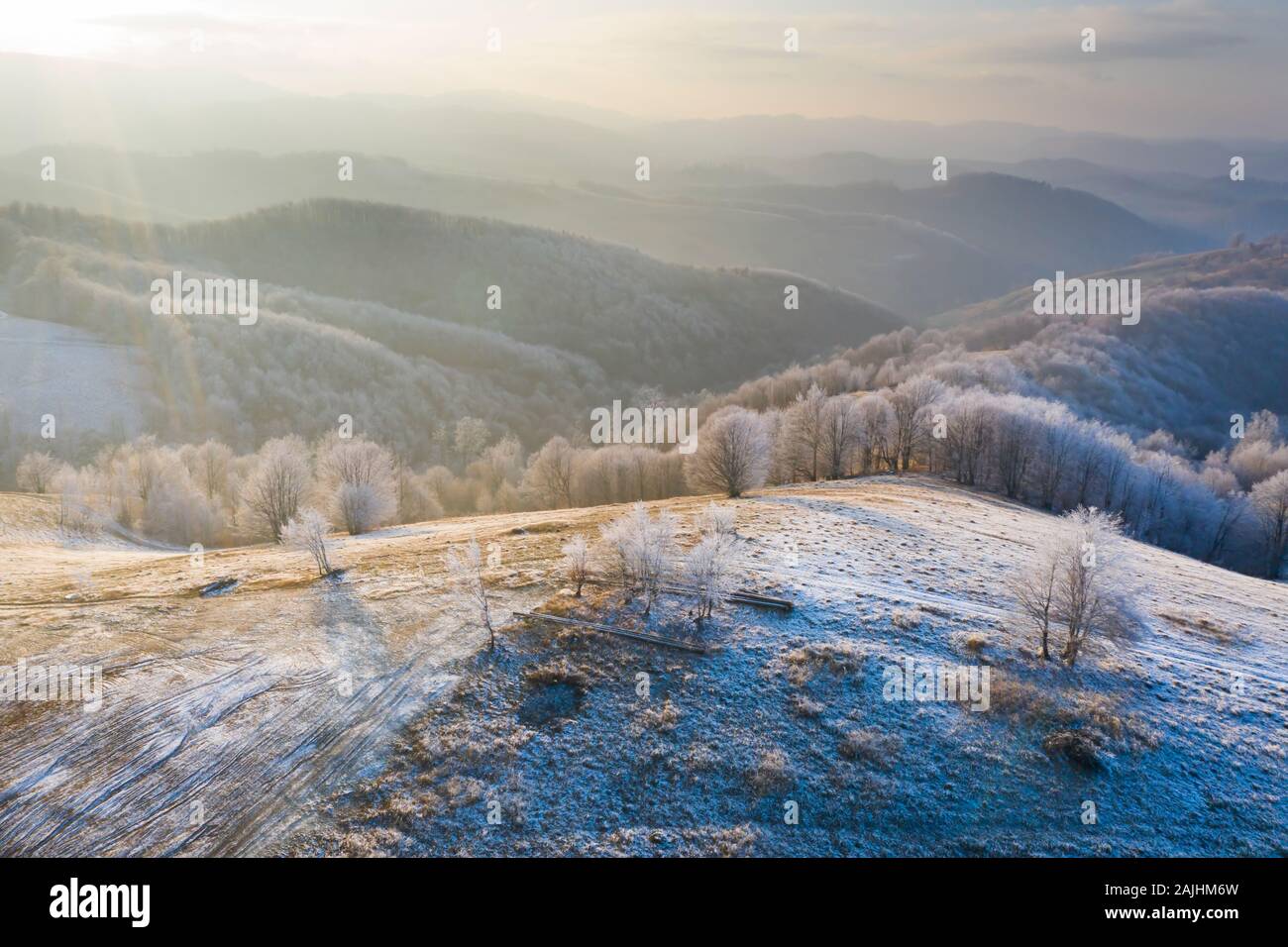 Aerial view of idyllic winter landscape with frozen trees in ...