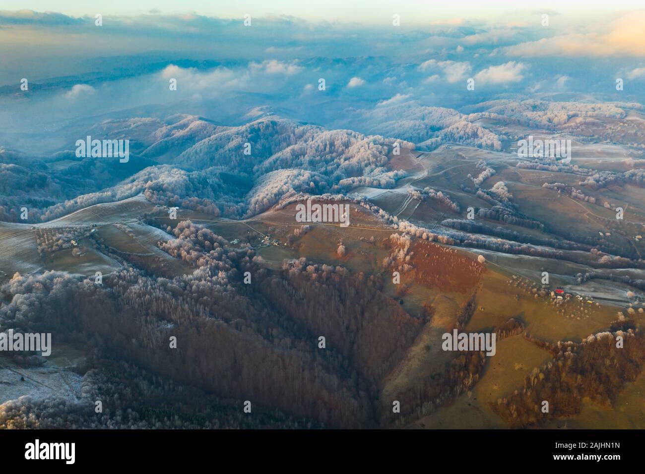 Aerial view of idyllic winter landscape with frozen trees in ...