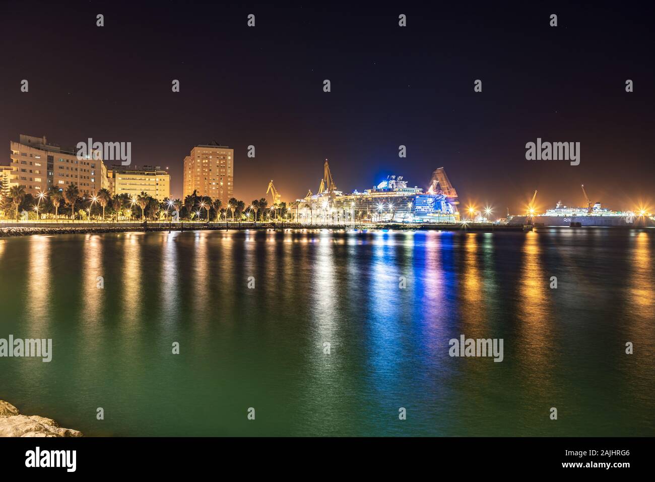 CADIZ, SPAIN - CIRCA NOVEMBER, 2019: The night view of Port of Cadiz ...