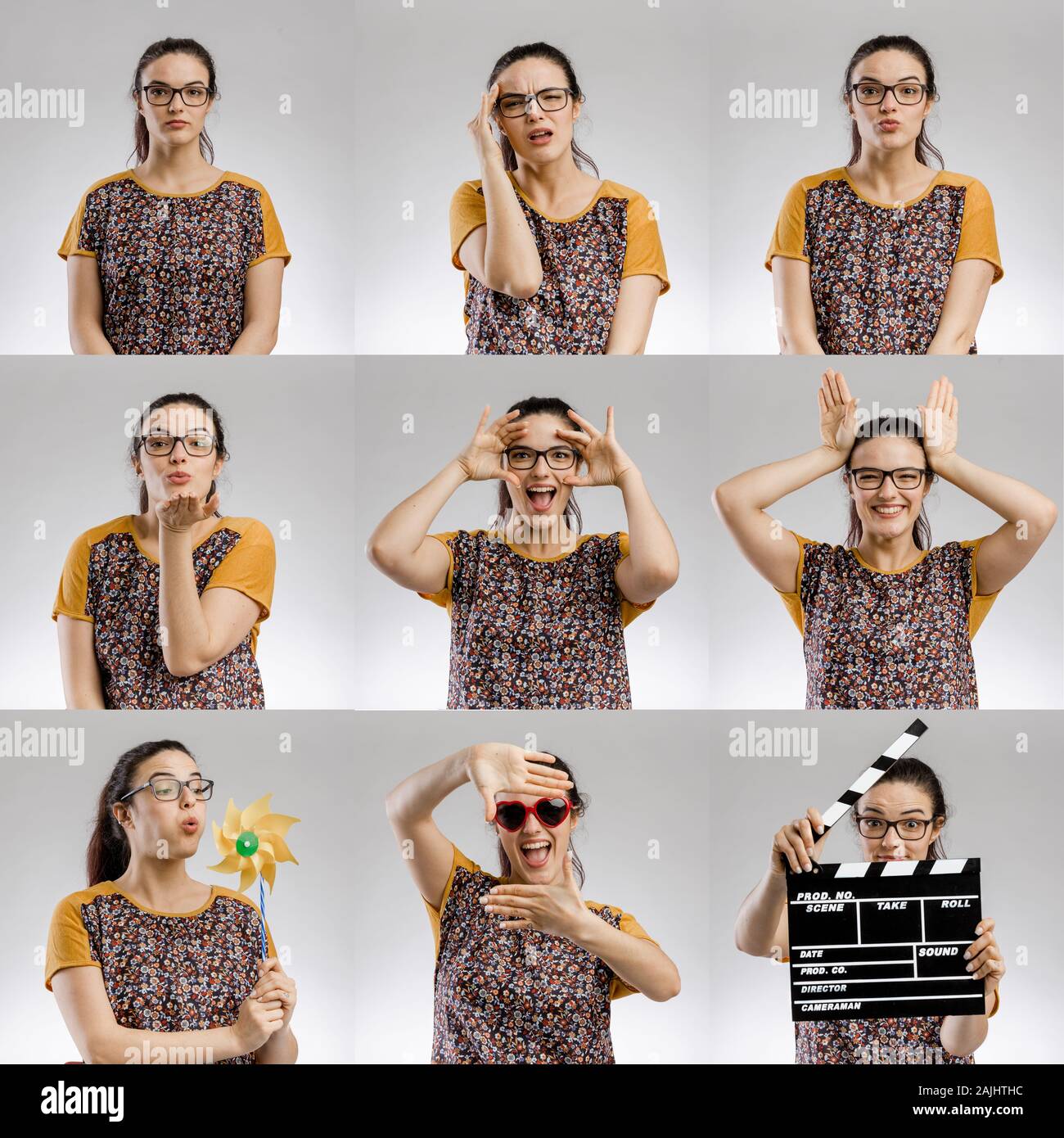 Multiple portraits of the same woman making different activities Stock ...