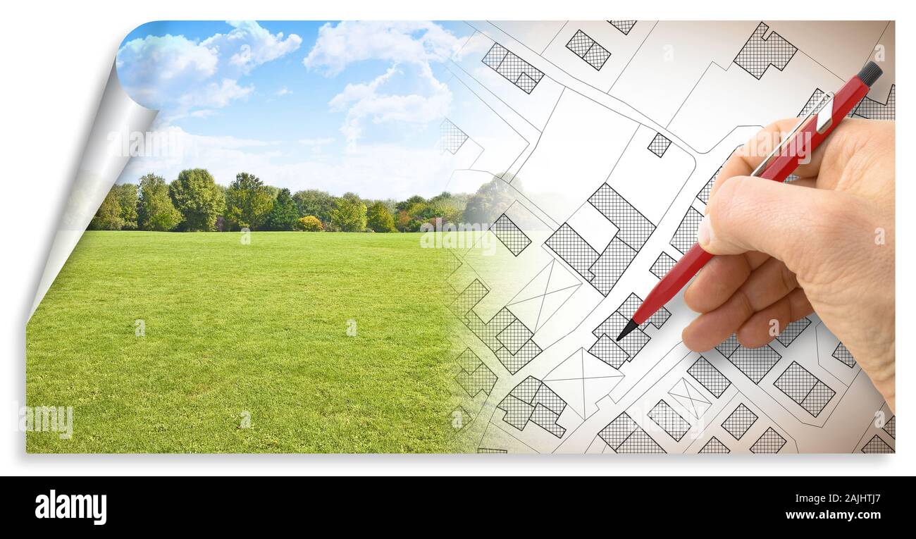 Planning a new city - concept image with hand drawing an imaginary ...