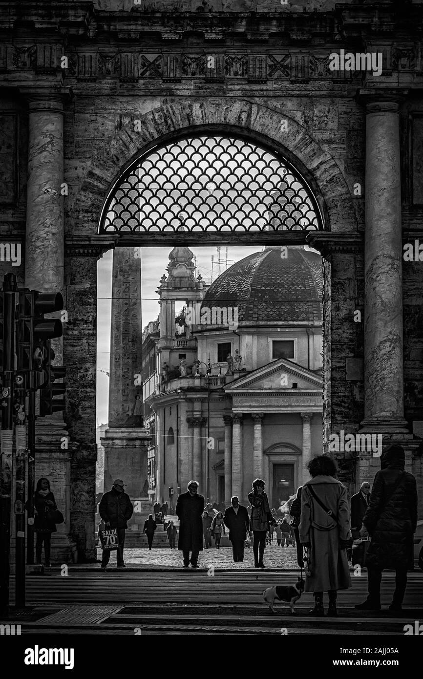 ROME, ITALY - JANUARY 08, 2014: The archway gate entrance to the piazza ...