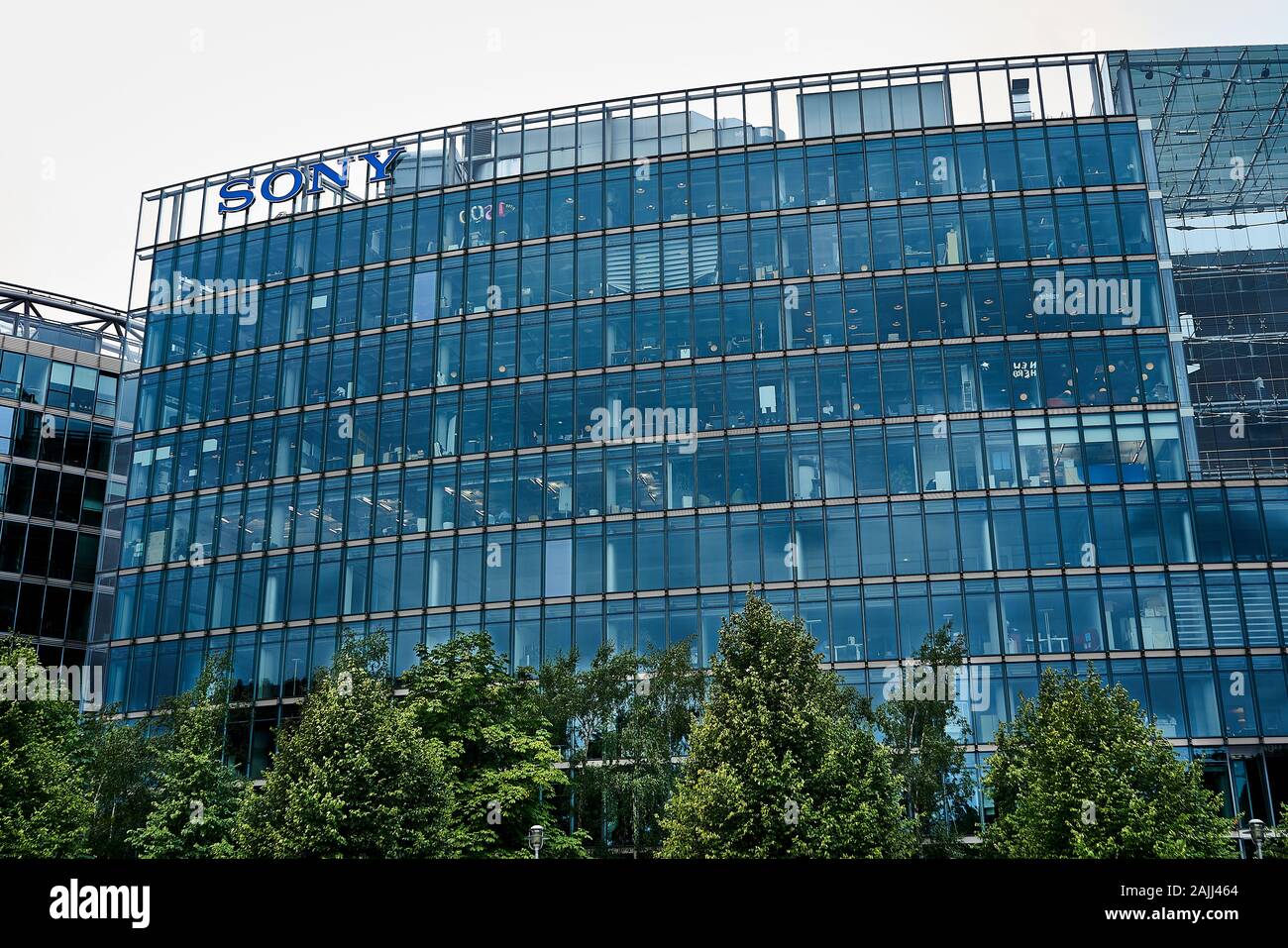 Outside modern glass facade of the Sony Corporate Office building in ...