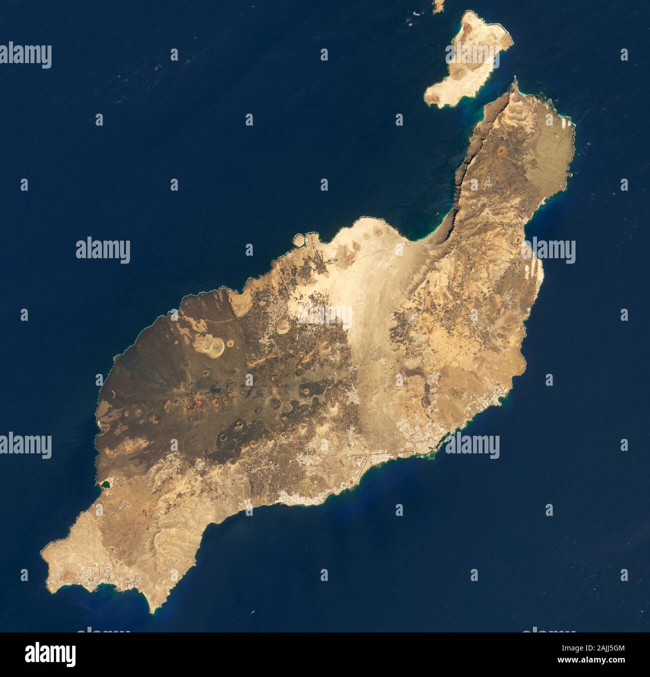 NASA satellite image arid volcanic landscape of Lanzarote, Canary ...
