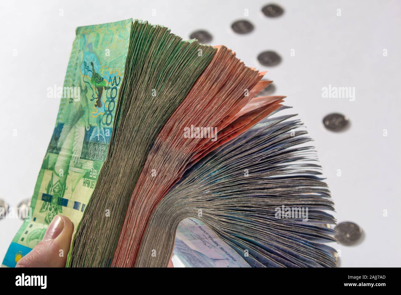 Paper banknotes tenge KZT. Tenge is the national currency of Kazakhstan ...
