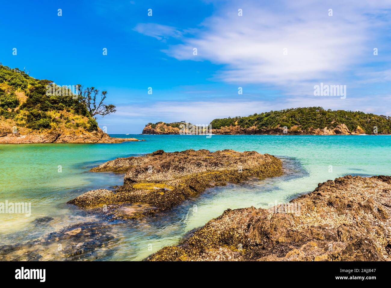 Rocks and clear waters at Matapouri Beach, Northland, New Zealand Stock ...