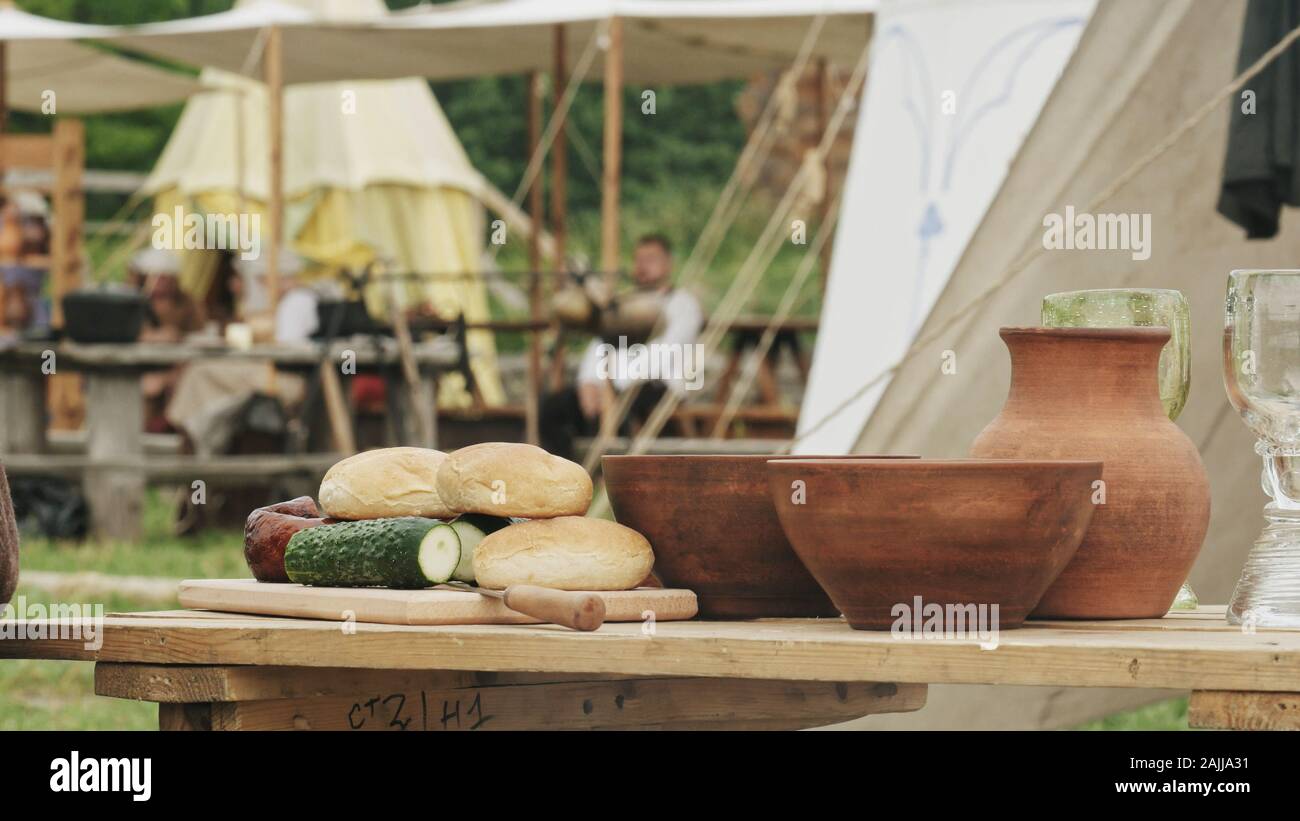 Medieval dishes and food on the table Stock Photo - Alamy