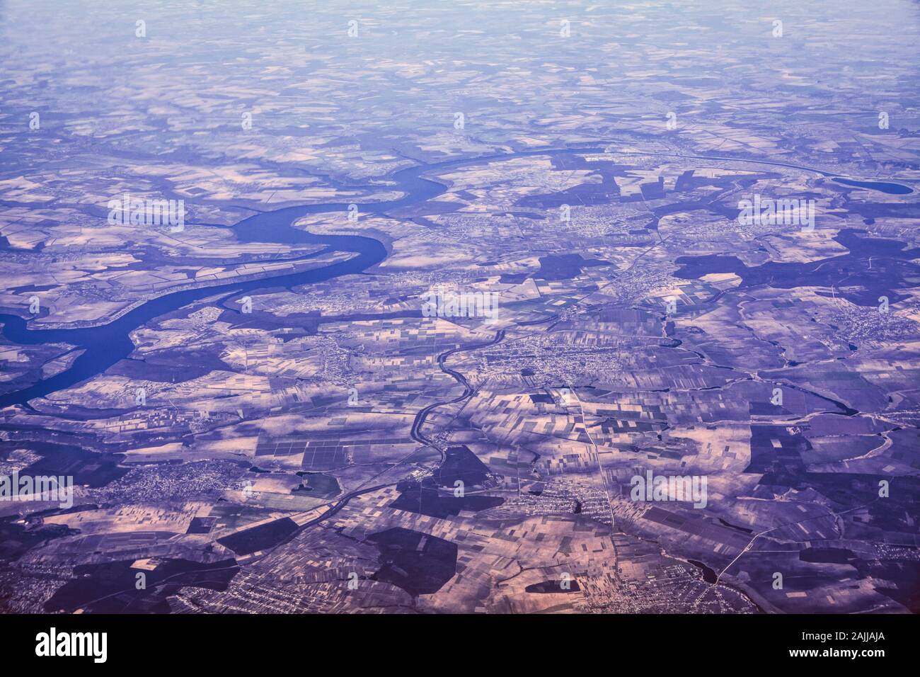 aerial view of landscape with river meander Stock Photo - Alamy