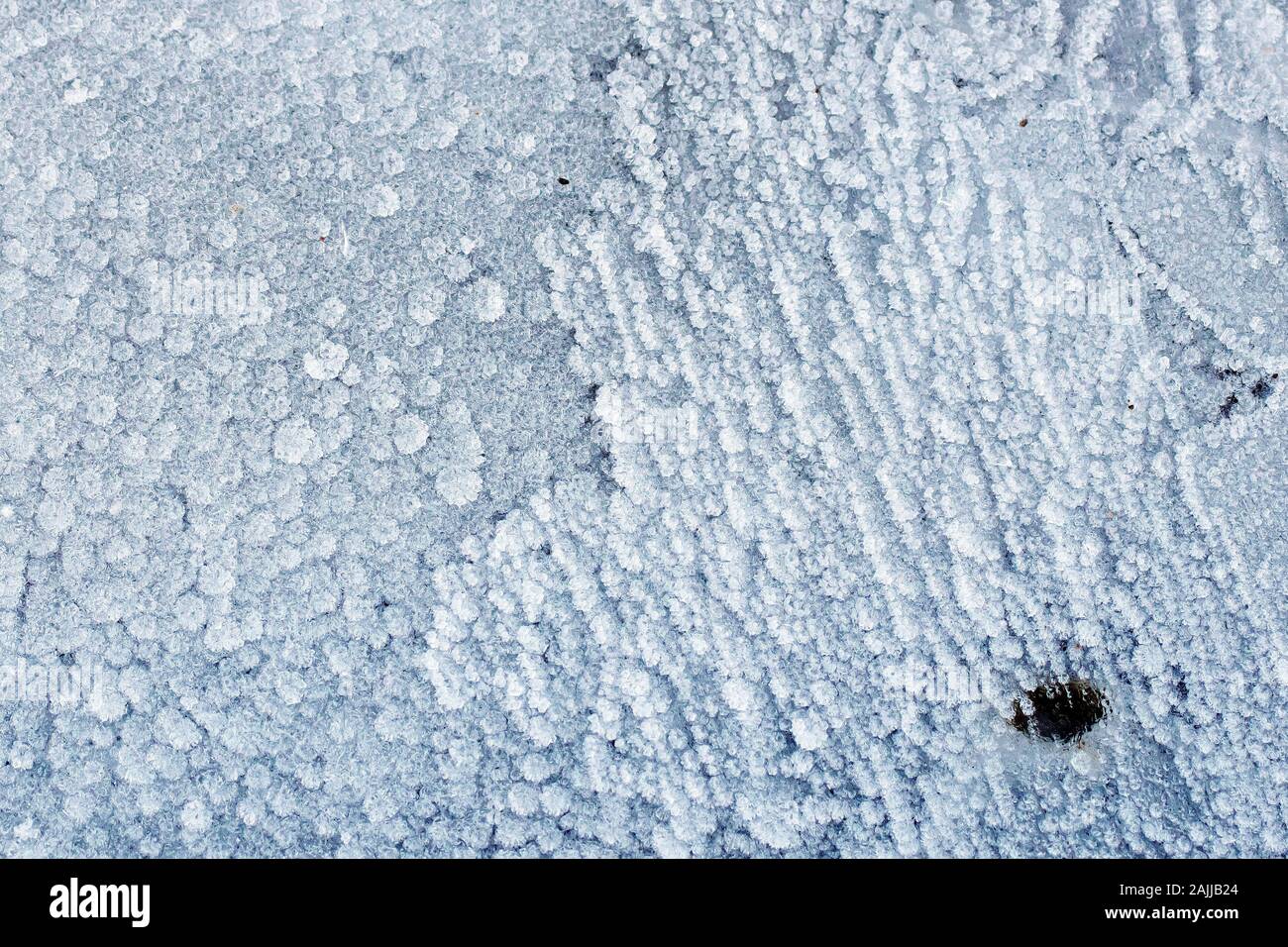 An abstract image of a layer of frost on the surface of a frozen puddle ...