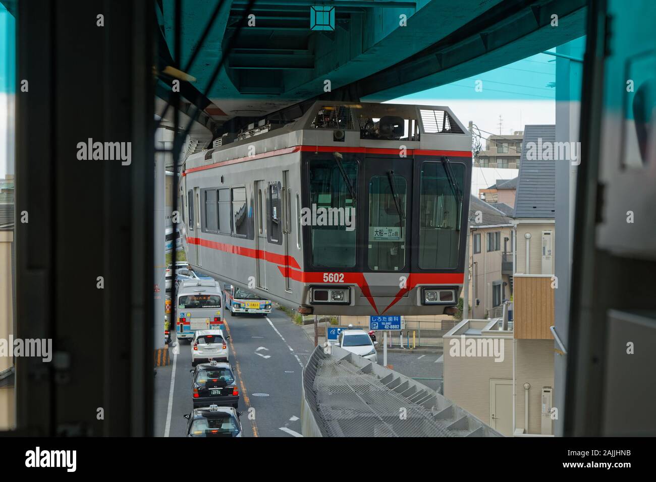 KAMAKURA, JAPAN, May 13, 2019 : Shonan monorail over the traffic jam ...