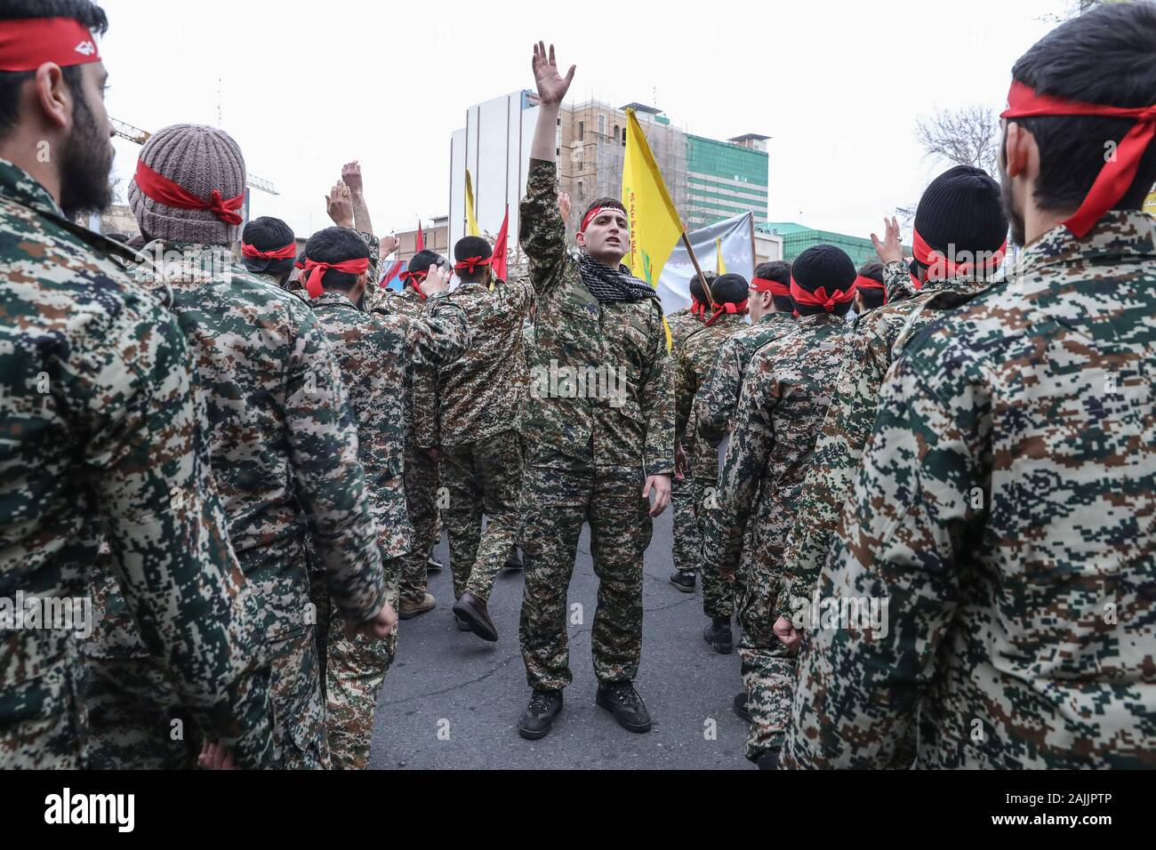 Tehran, Iran. 04th Jan, 2020. Members of the Iranian Basij paramilitary ...