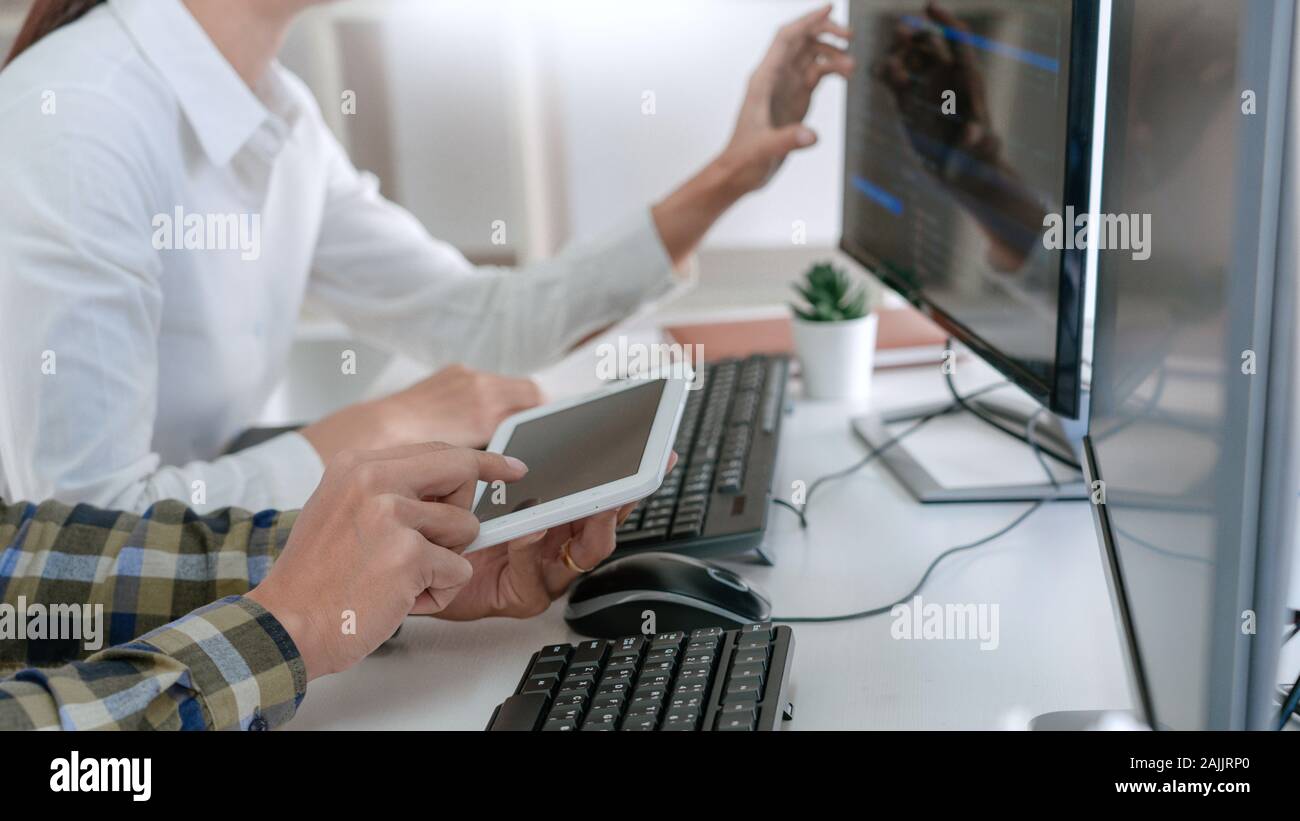 Pensive Programmer Working On Desktop Pc Programming Code Technologies Or Website Design At