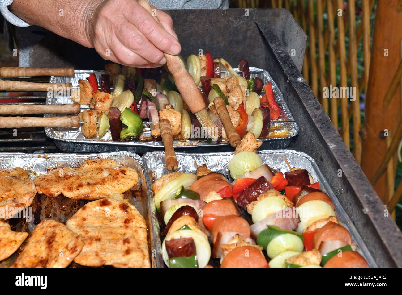 Grilled bacon and vegetables outdoors in the garden Stock Photo - Alamy