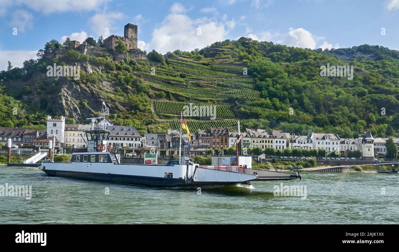 Car ferry crossing the Rhine River with vineyards on a steep slope ...
