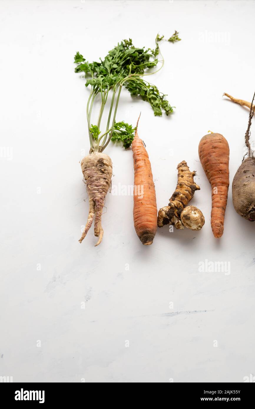 Fresh roots set on white background, copy space Stock Photo - Alamy