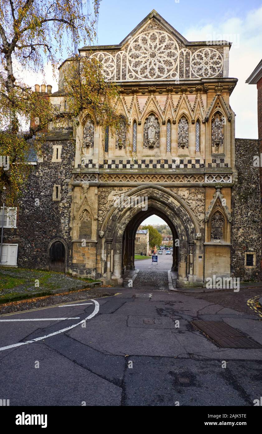 Ornately decorated gateway into Norwich Cathedral grounds Stock Photo ...