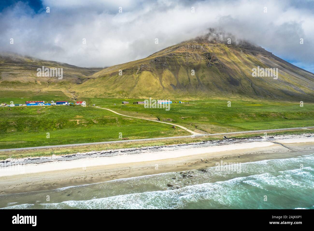 Amazing aerial view of icelandic beach with azure water streams and ...