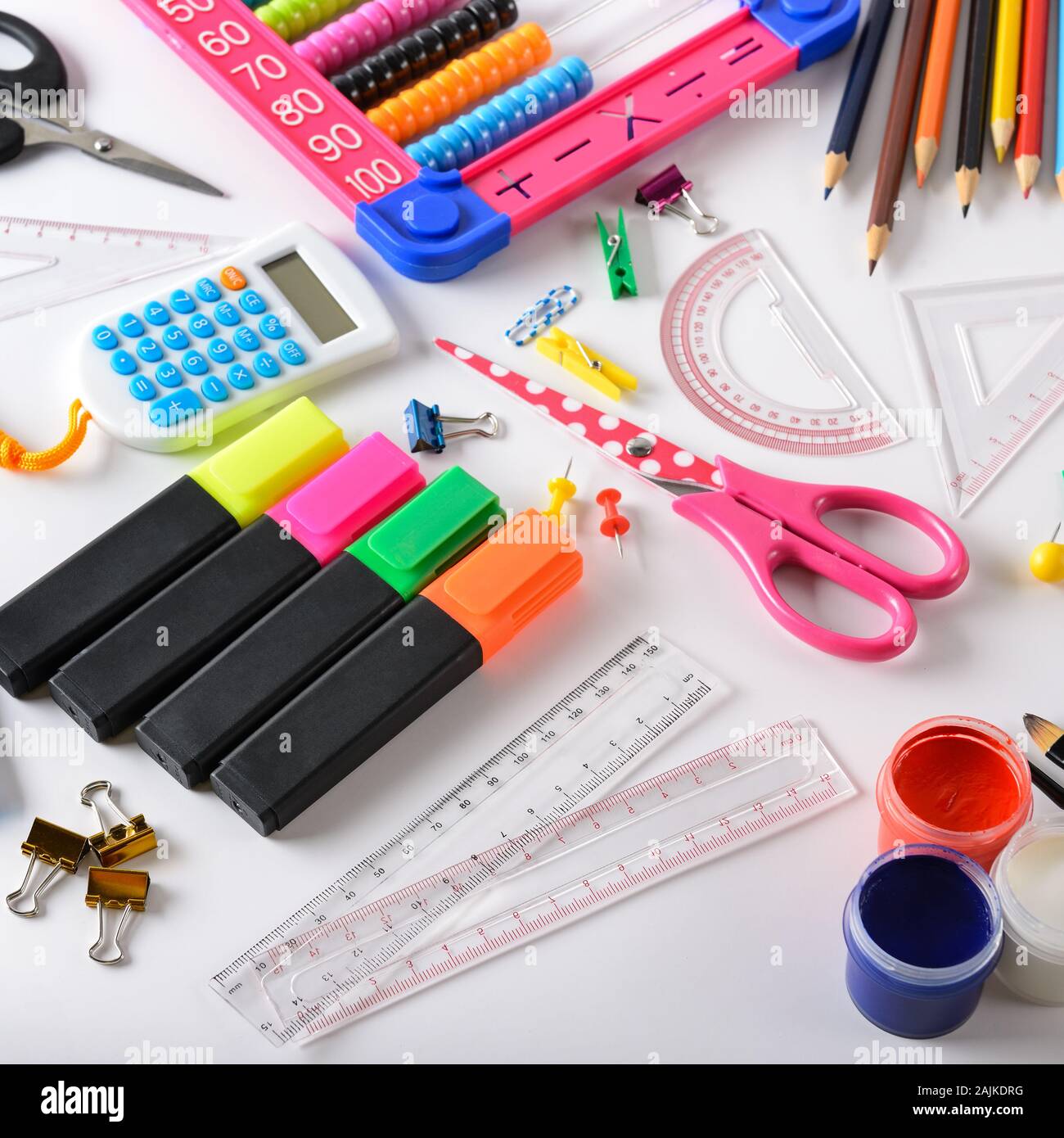 Set school supplies on white background. Top view Stock Photo - Alamy