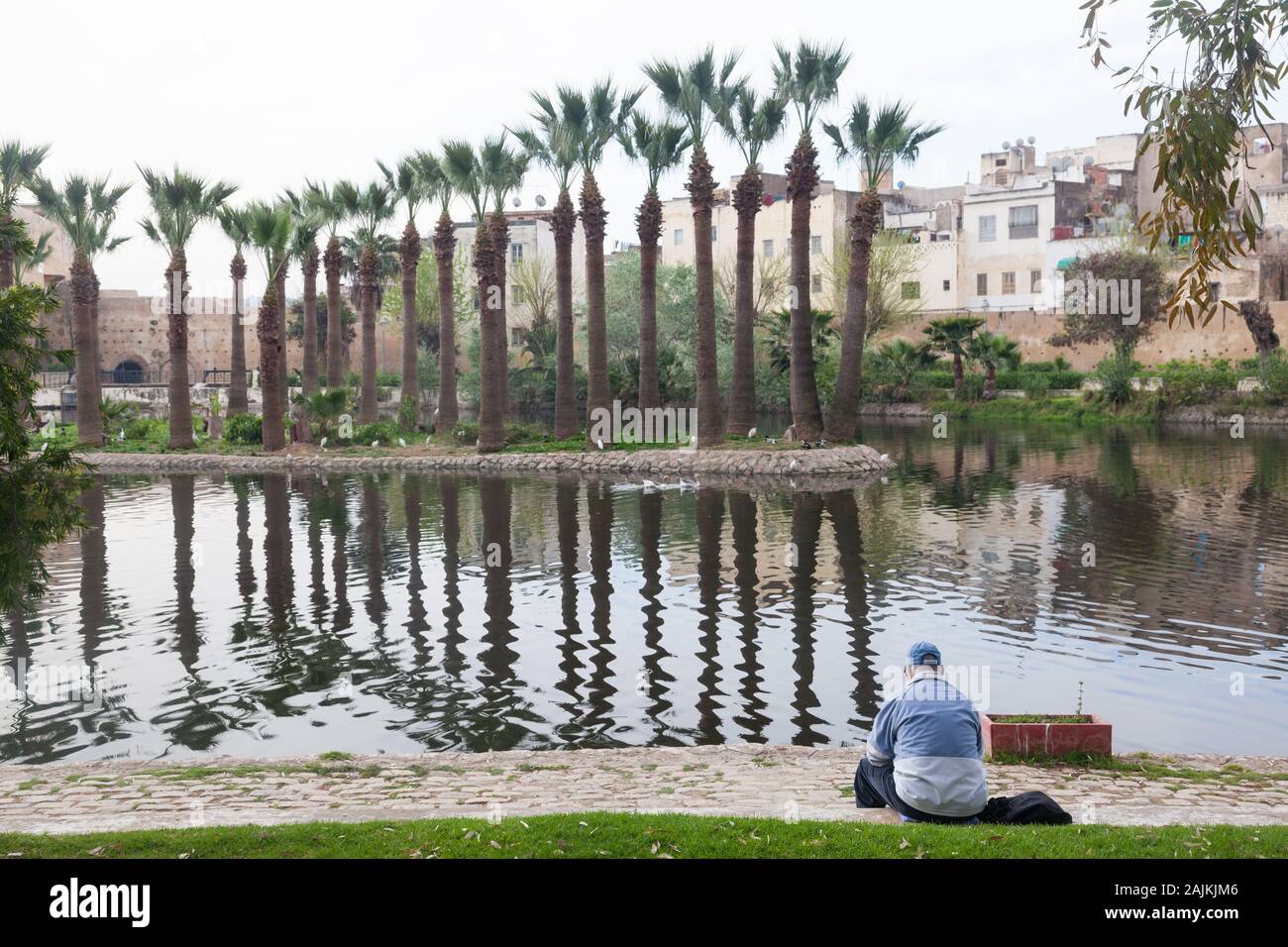Lone man sitting in Jnan Sbil – famous gardens in Fes (Fez), Morocco ...