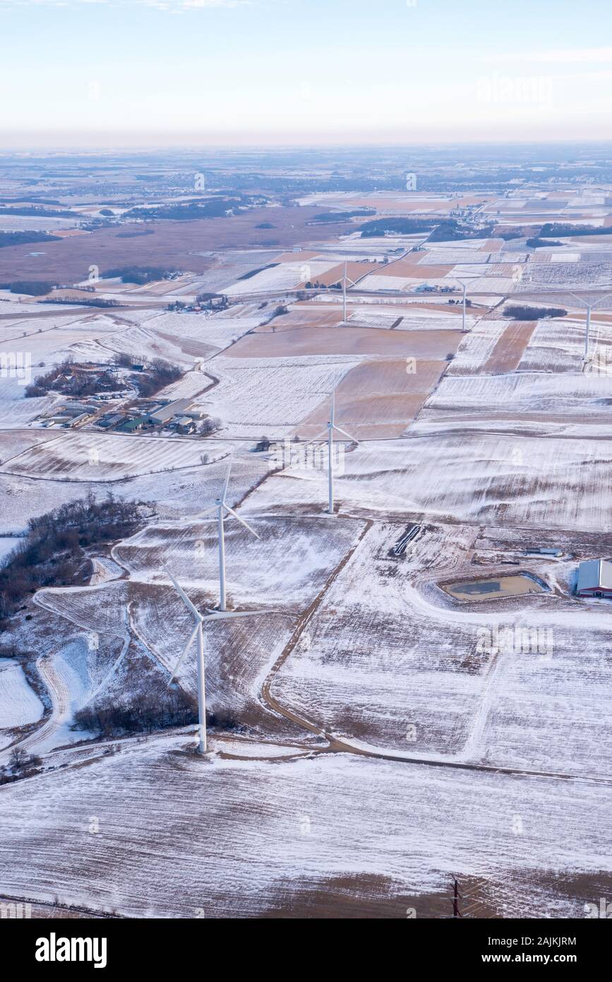 Aerial view of rural Dane County, Wisconsin in the winter on an ...