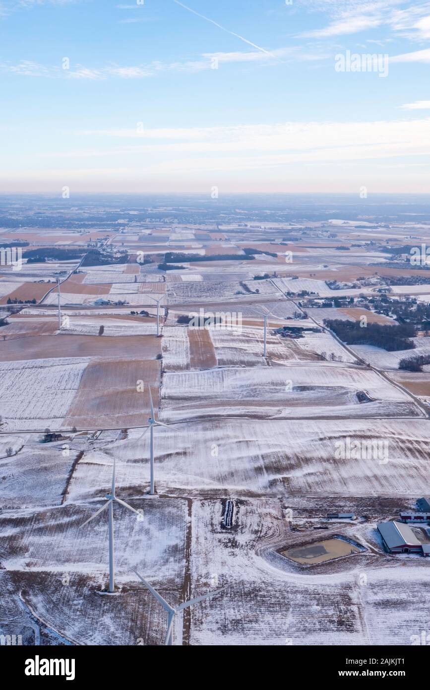 Aerial view of rural Dane County, Wisconsin in the winter on an ...