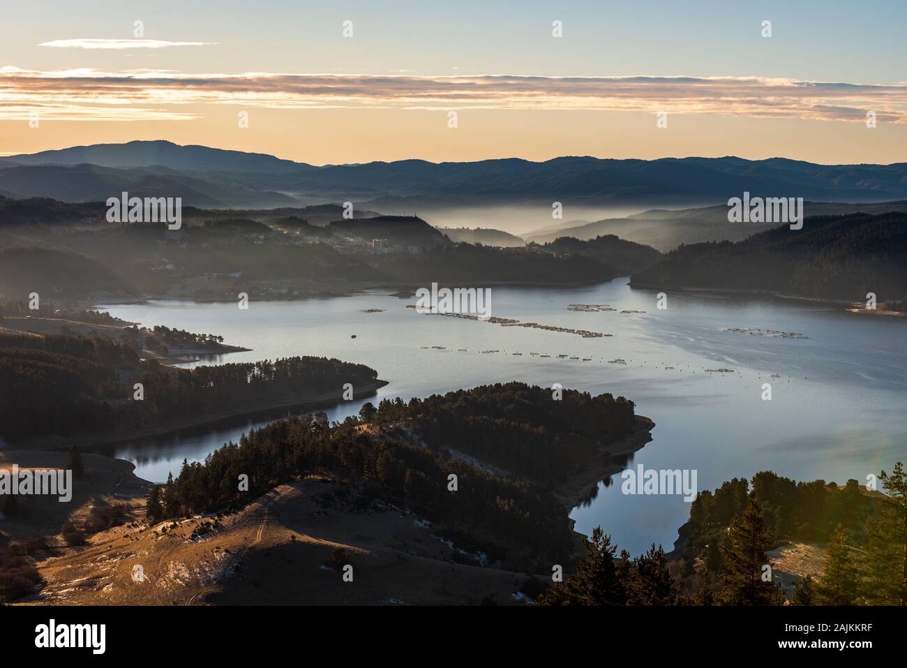 Aerial view of Dospat dam in Rhodope Mountains,.Bulgaria during sunrise ...