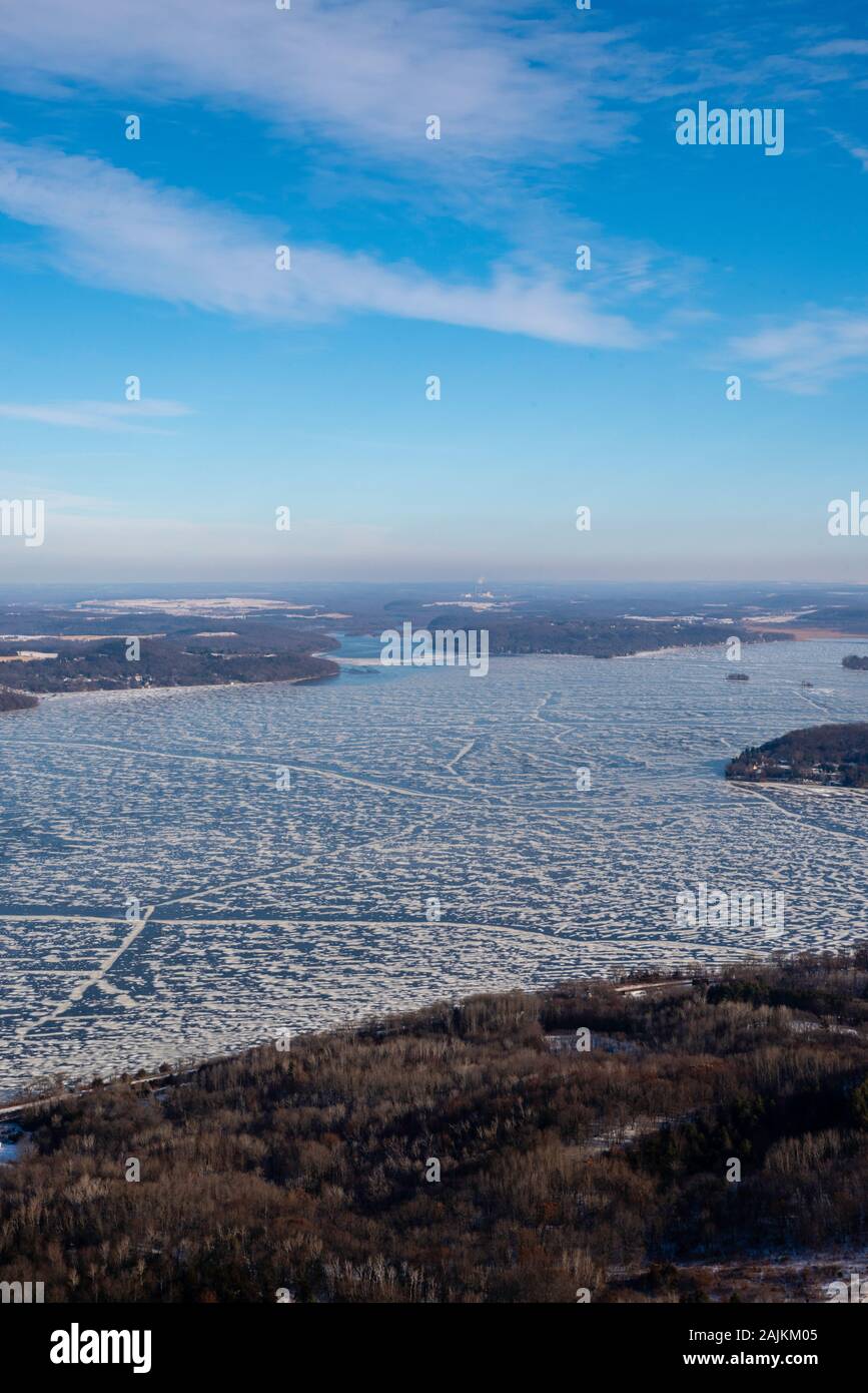 Aerial view of Lake Wisconsin, Wisconsin in the winter on an overcast ...