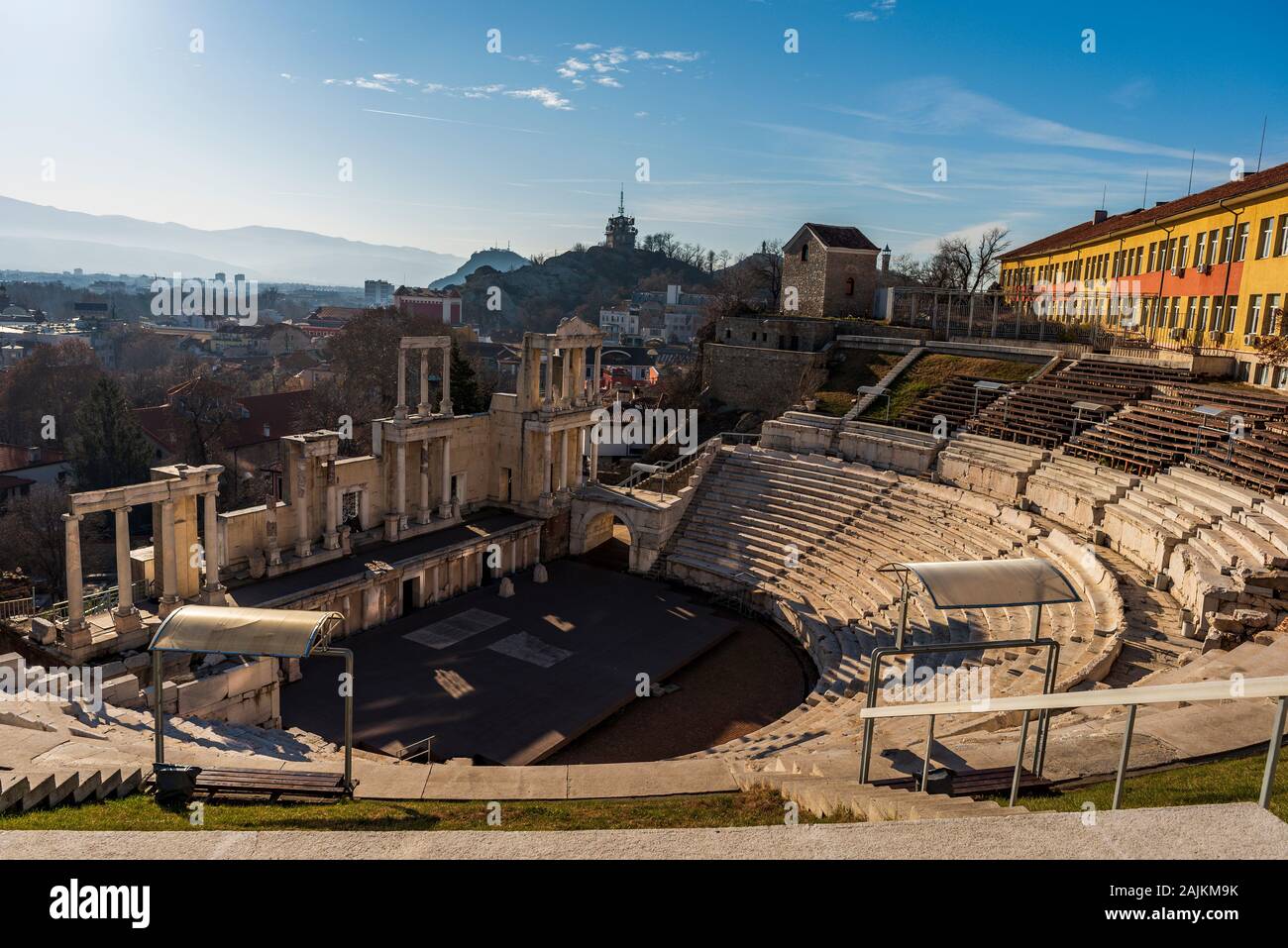 Warm sunset over ancient roman amphitheater in Plovdiv city, Bulgaria ...