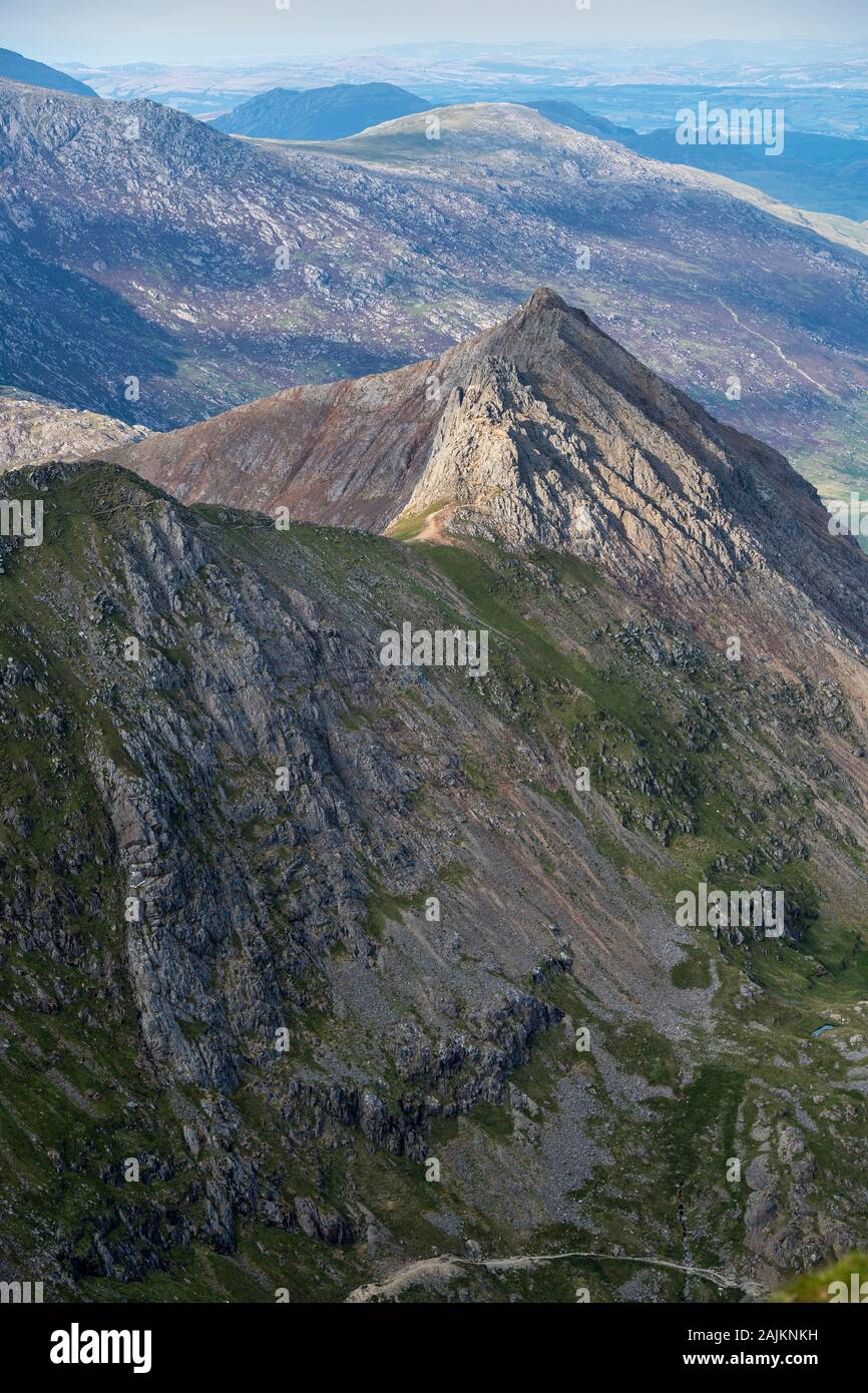 Crib Goch ridge viewed from the summit of Snowdon in Snowdonia National ...