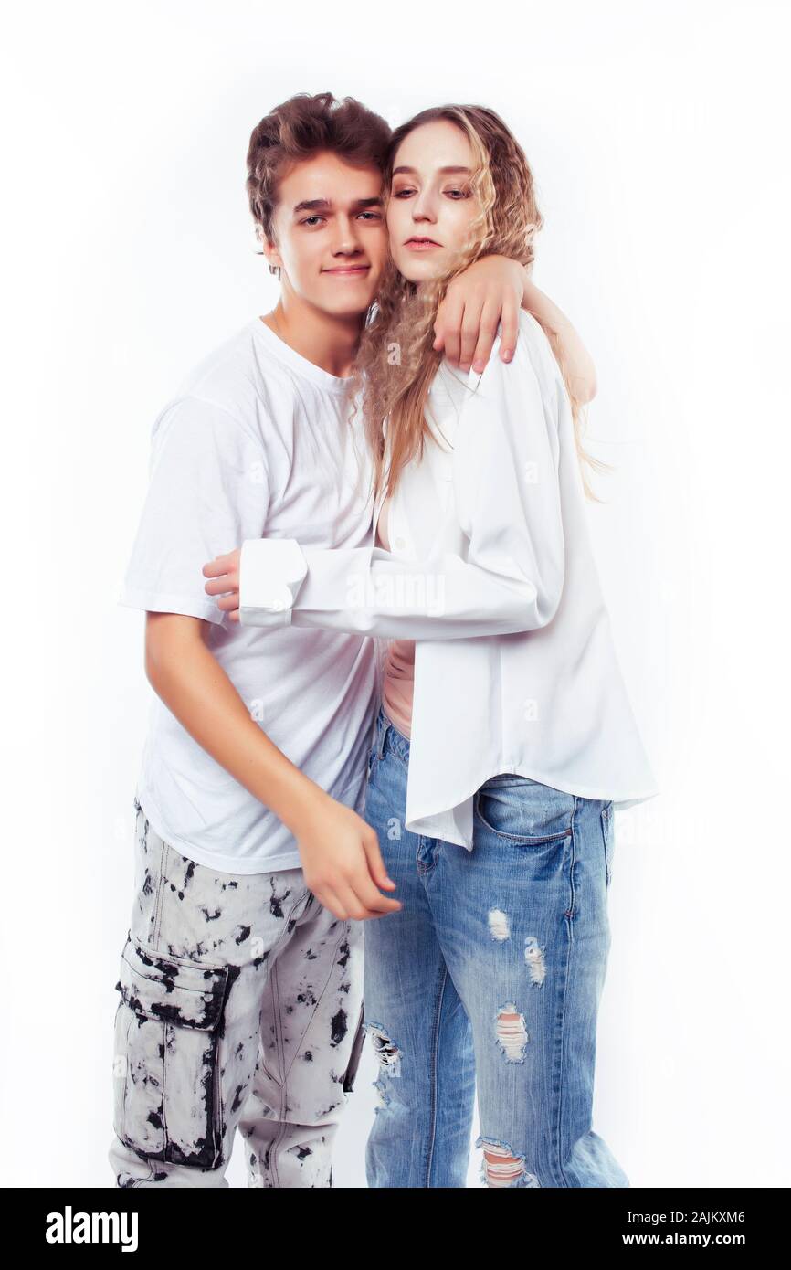 young pretty couple together posing cheerful isolated on white ...