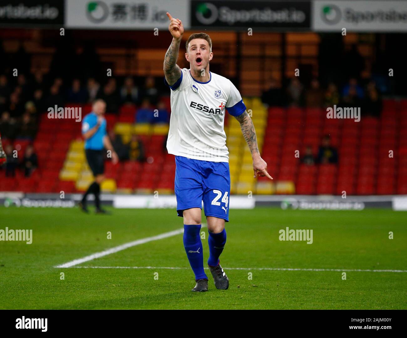 WATFORD, ENGLAND - JANUARY 04: Jacob Maddox of Tranmere Rovers not ...