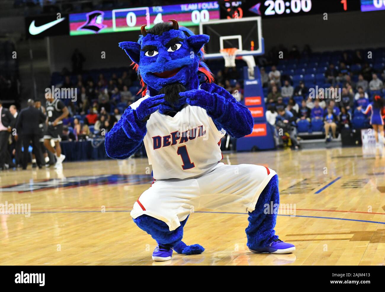 Chicago, Illinois, USA. 04th Jan, 2020. Blue Demon mascott in action ...