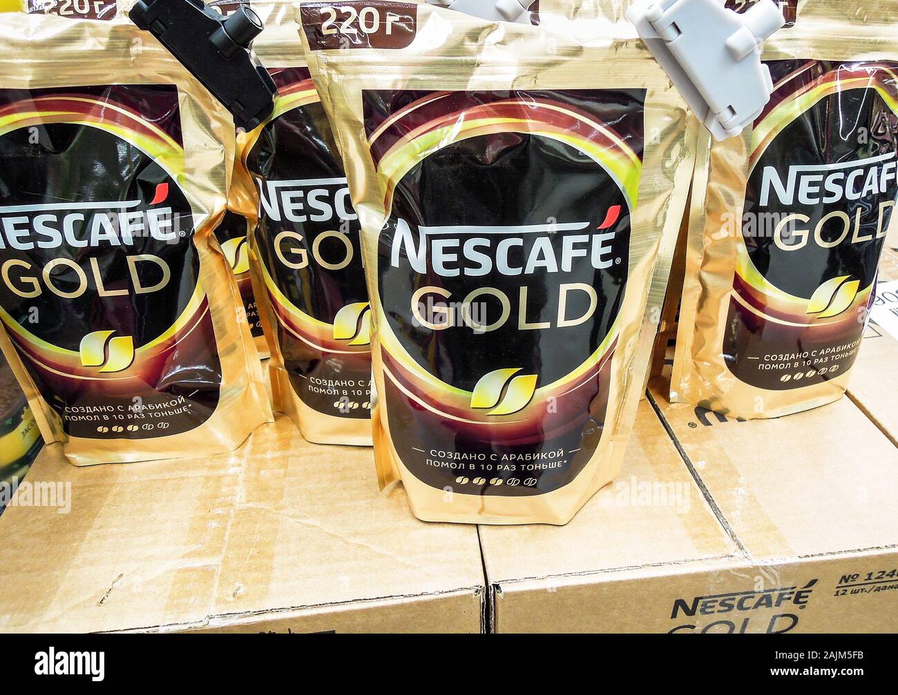 Samara, Russia - December 7, 2019: Nescafe Gold coffee packages on the ...